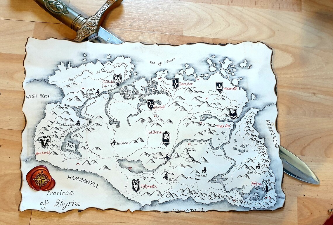 Custom Hand Drawn Skyrim Map Ink and Charcoal A3 & A4. Unique ...