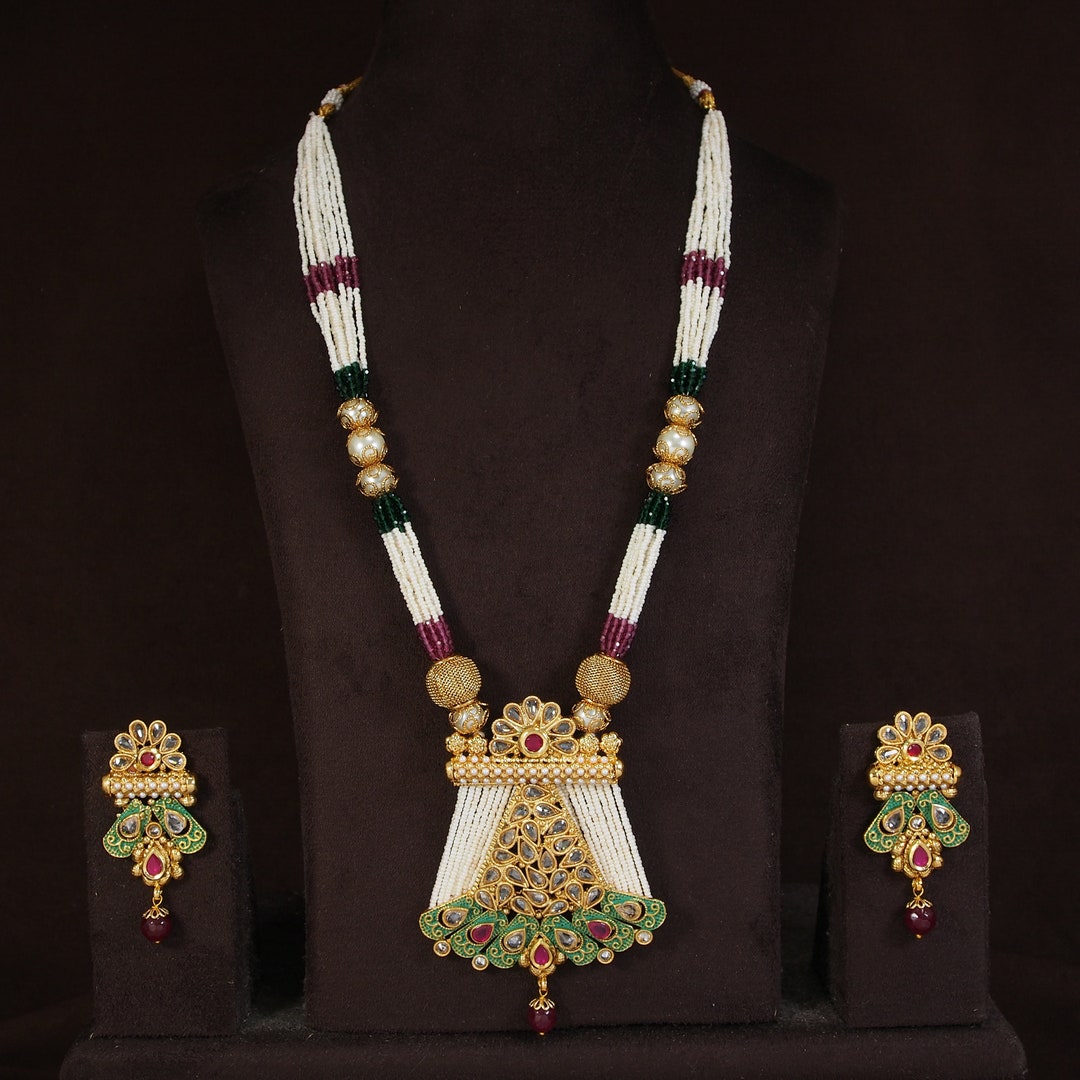 Kundan Long Pearl Necklace Set | Indian Wedding Jewelry - Etsy