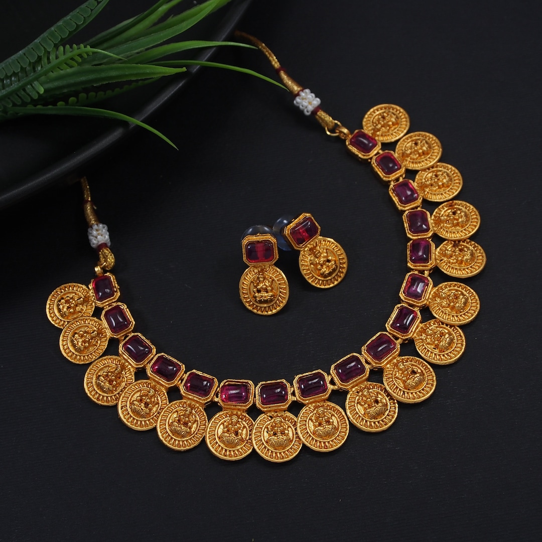 Ma Laxmi Kasu/real Kemp Stone Kasu Gold Necklace/antique Gold Kempu ...