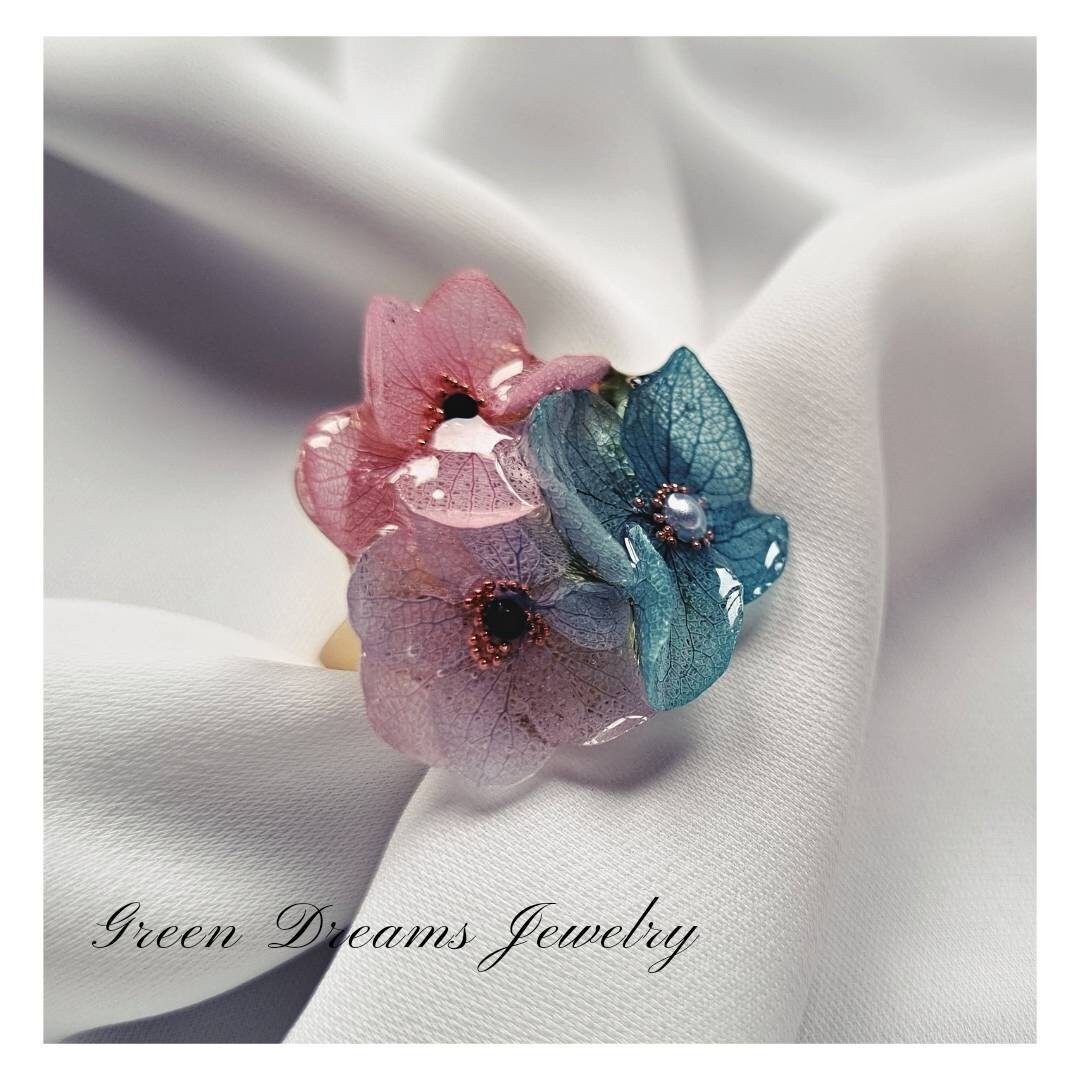 Hydrangea Flower Ring Unique Wedding Ring Petal Rings Pressed Flower ...
