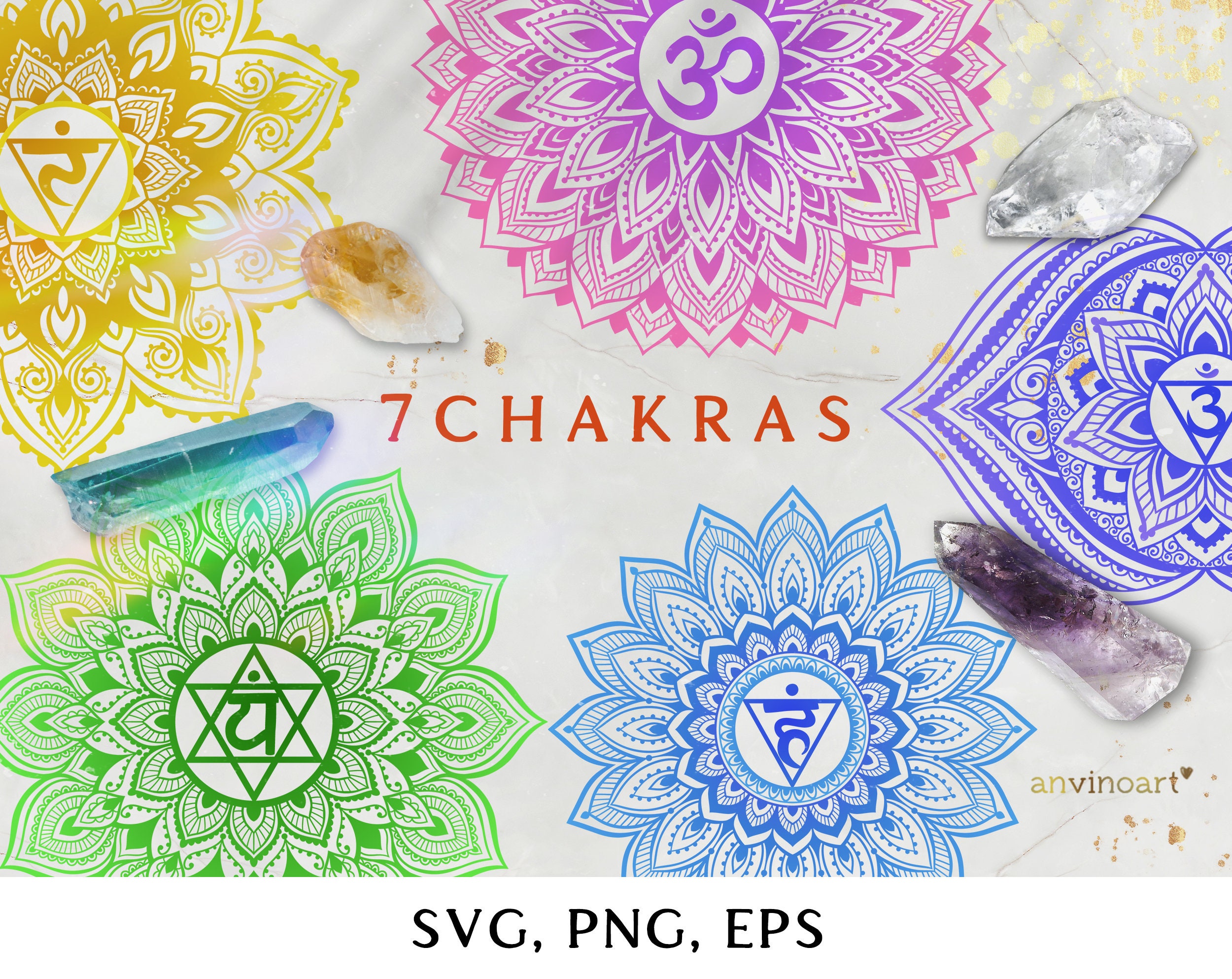 7 Chakras Svg Meditation Clipart, Mandala Svg, Chakra Symbol Svg, Om ...