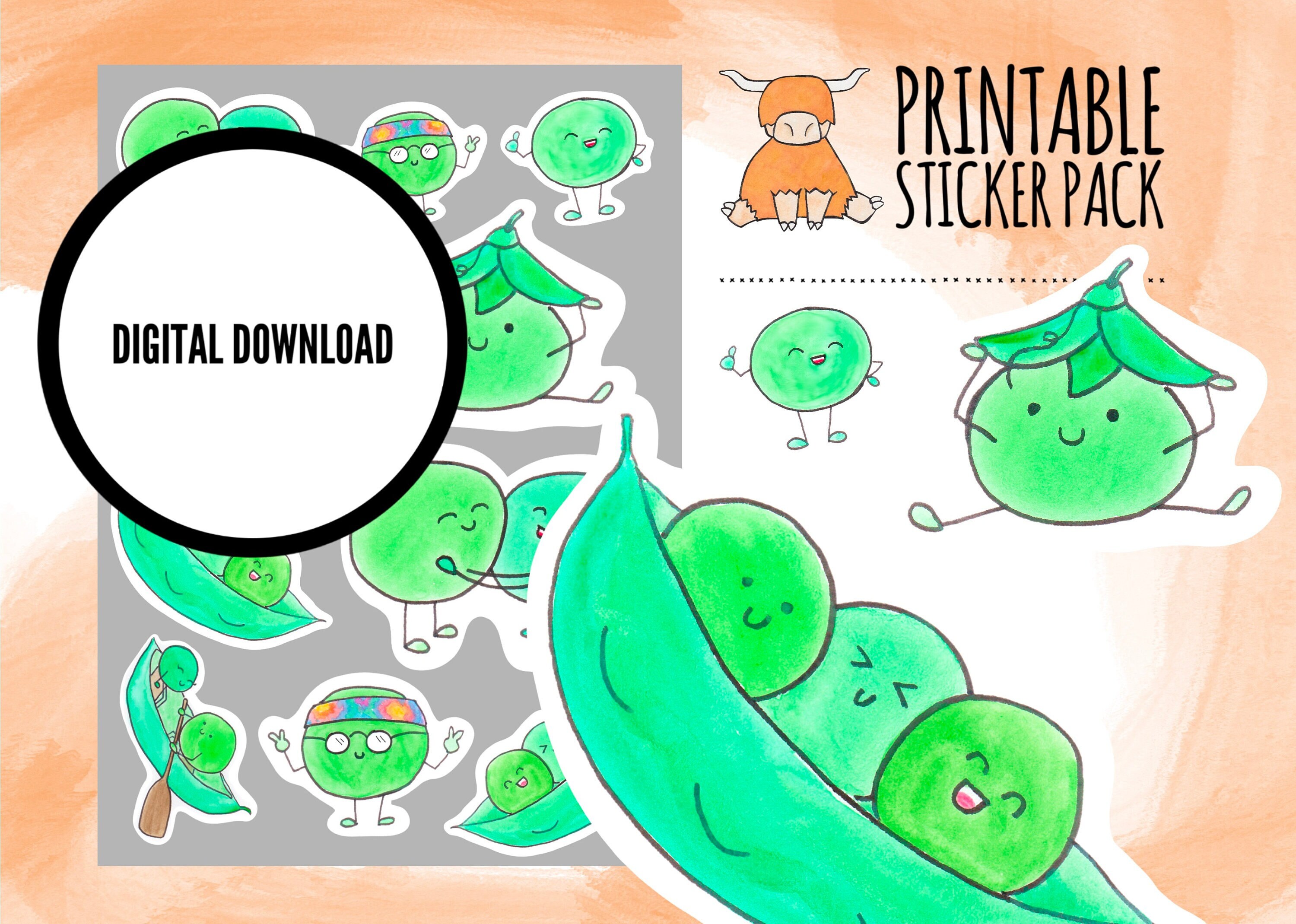 Cute Pea Stickers | Punny Watercolor Designs (digital Download) - Etsy