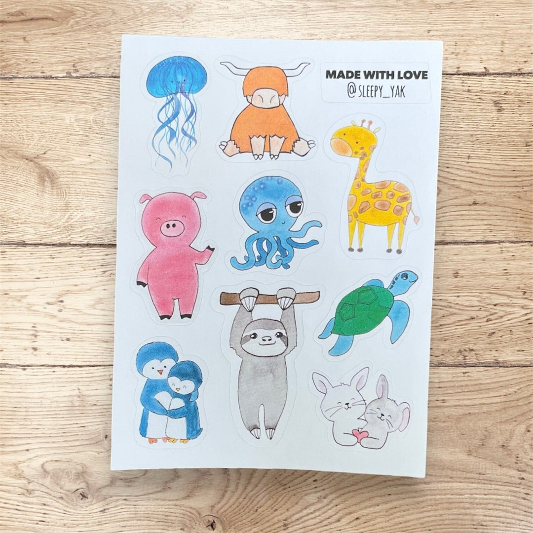 Watercolor Animal Stickers: Yak, Jellyfish, Sloth - Matte Sticker Sheet ...