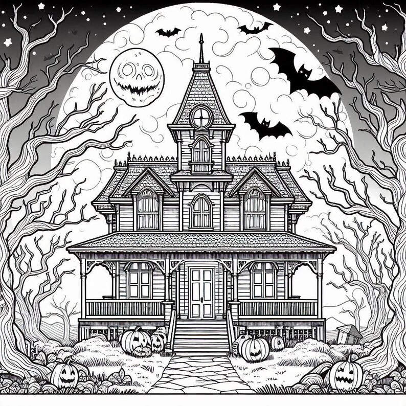 13 Spooky Haunted House Design Coloring Book Pages - Kids and Adult ...