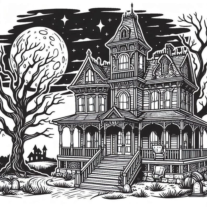 13 Spooky Haunted House Design Coloring Book Pages - Kids and Adult ...
