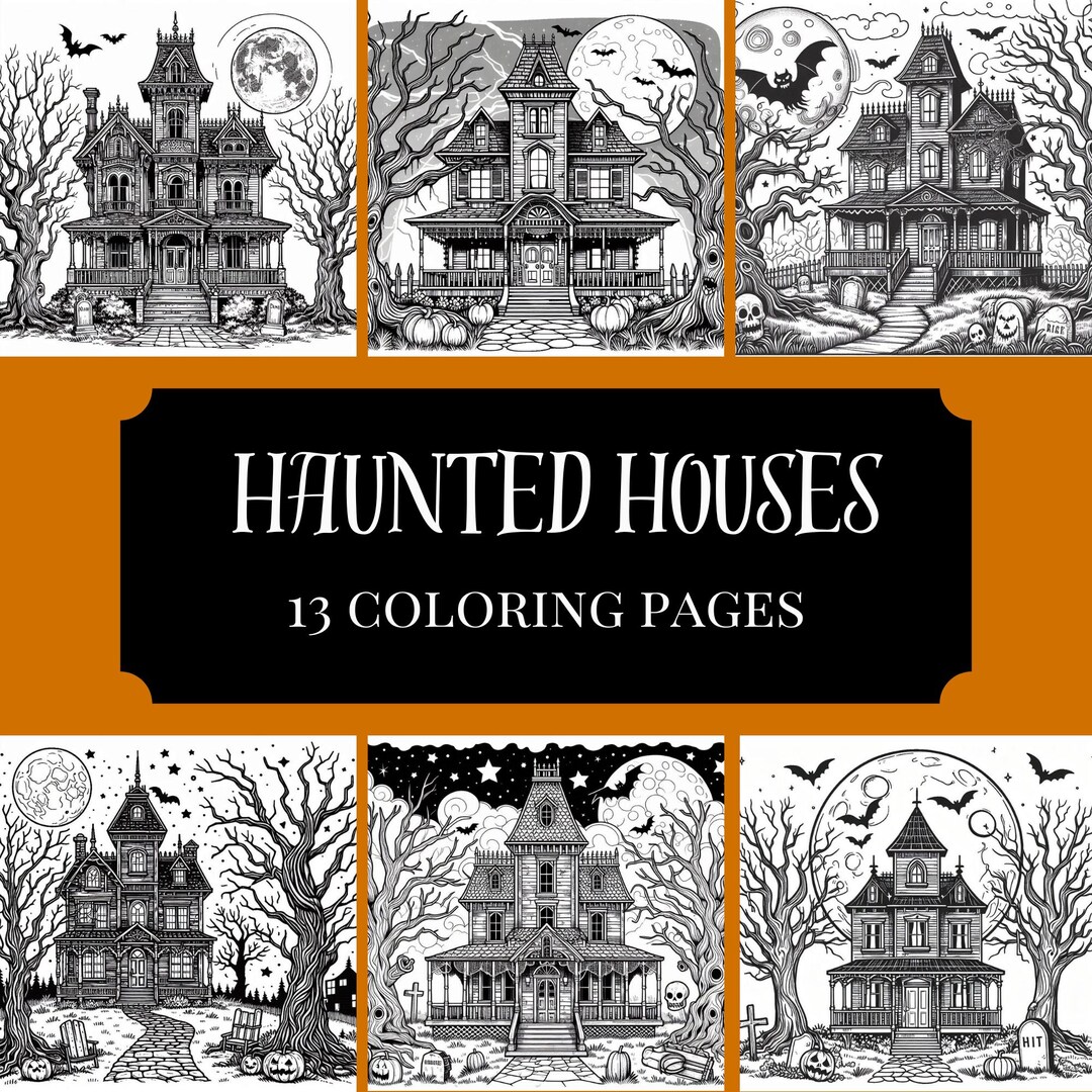 13 Spooky Haunted House Design Coloring Book Pages - Kids and Adult ...