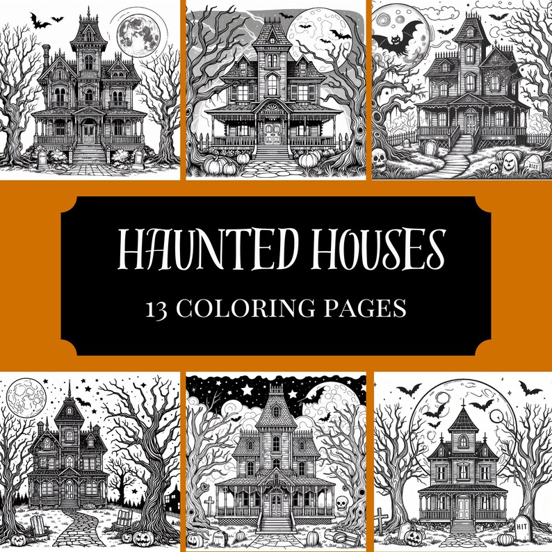 13 Spooky Haunted House Design Coloring Book Pages - Kids and Adult ...