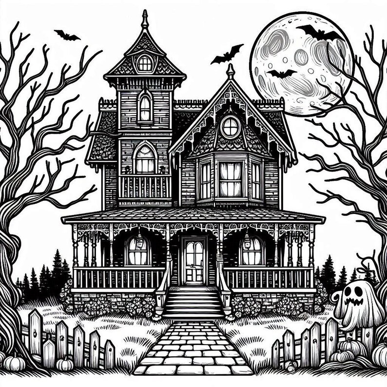 13 Spooky Haunted House Design Coloring Book Pages - Kids and Adult ...