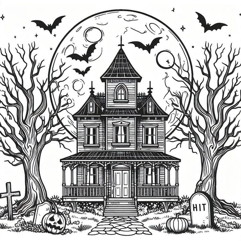 13 Spooky Haunted House Design Coloring Book Pages - Kids and Adult ...
