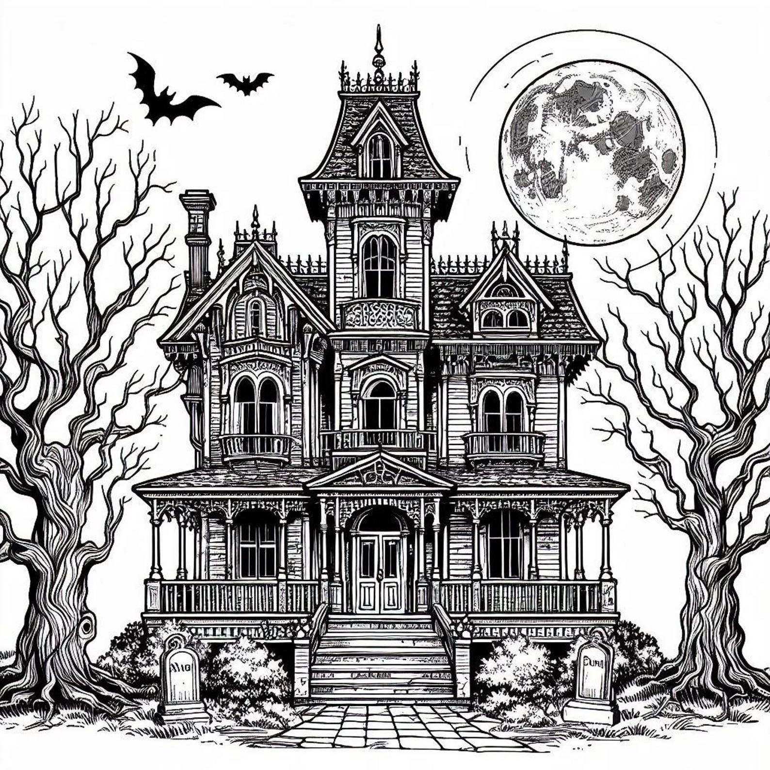 13 Spooky Haunted House Design Coloring Book Pages - Kids and Adult ...