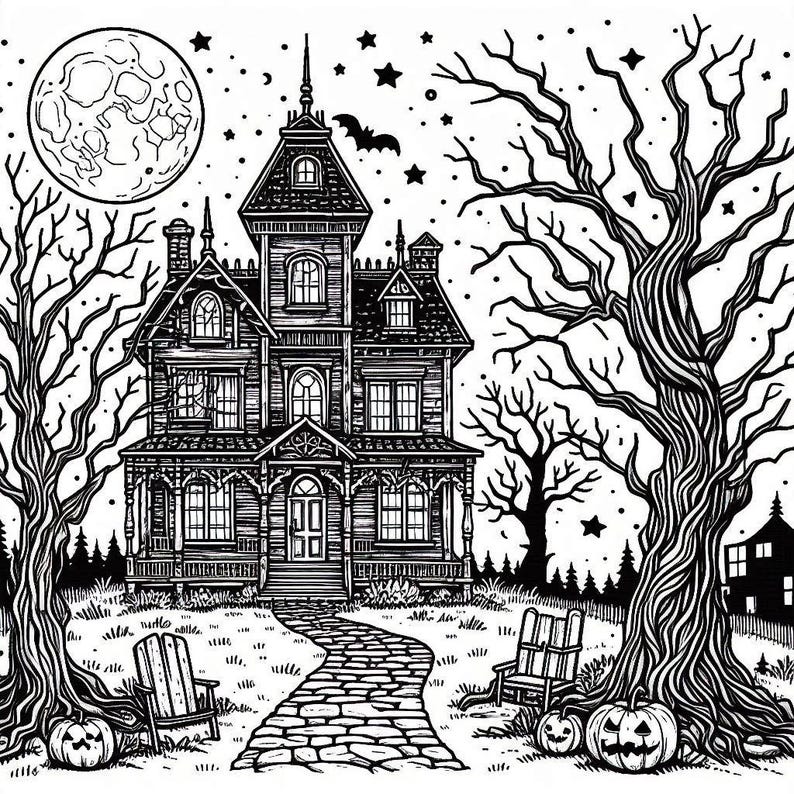 13 Spooky Haunted House Design Coloring Book Pages - Kids and Adult ...