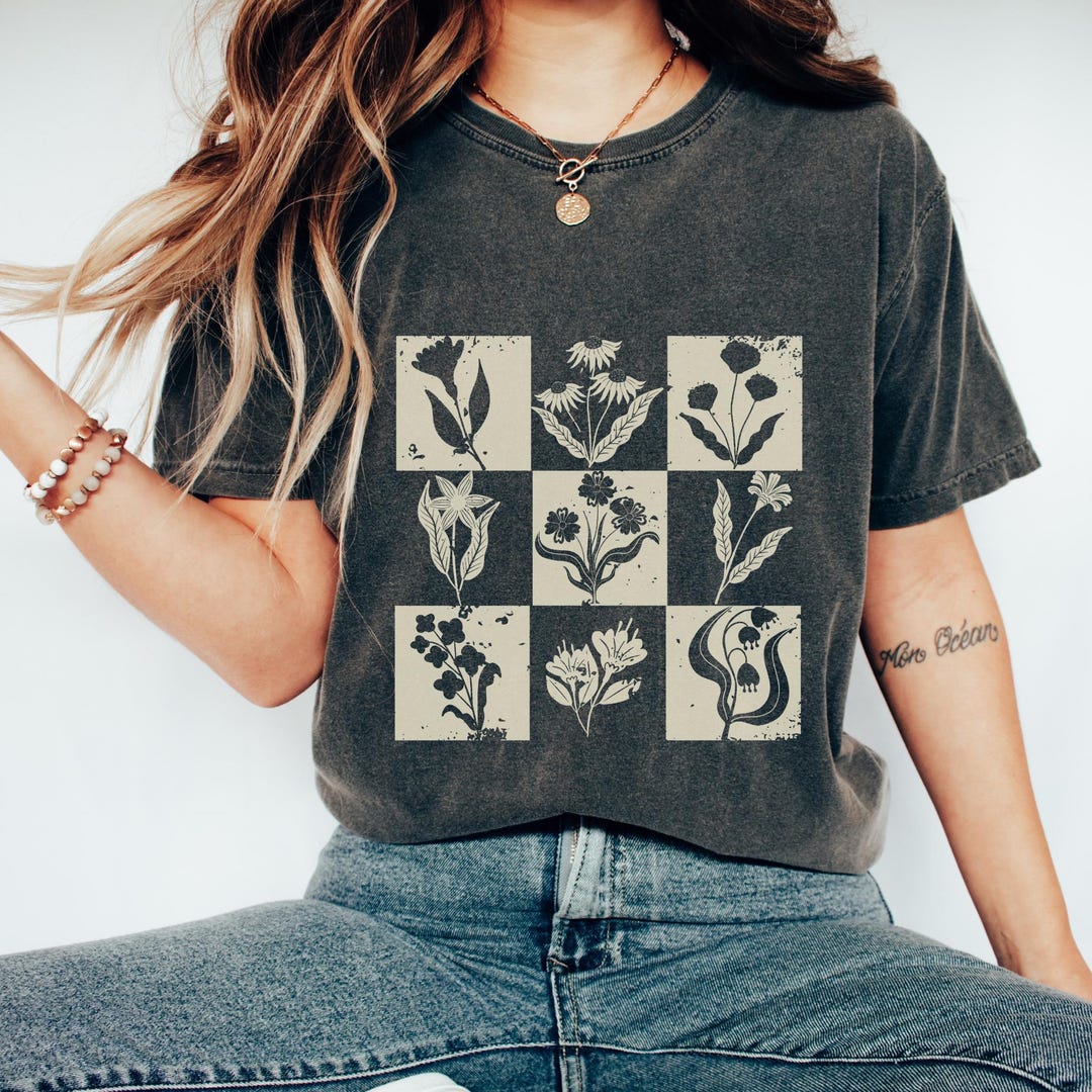 Linocut Shirt Florist Shirt Flower Checkered Botanical Plants Shirt ...