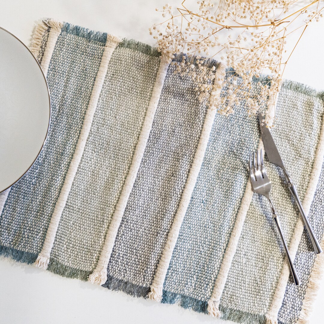 Handwoven, Handmade Shades of Blue Green Cotton Linen Placemat. 13”x19 ...