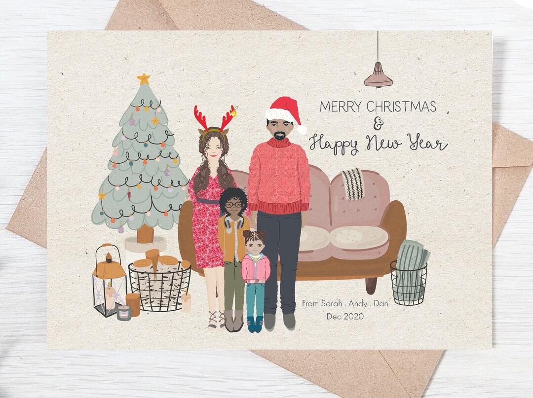 Custom Christmas Card Family Portrait, Personalised Christmas Card ...