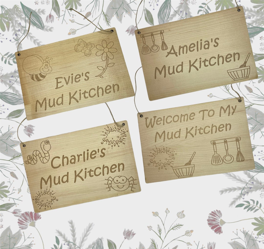 Personalised Mud Kitchen Hanging Sign, Wooden Laser Engraved With Jute ...