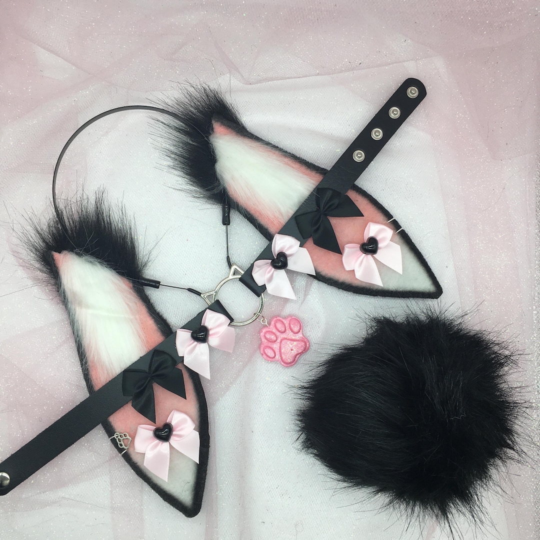 Black / Pink Cosplay Bunny Rabbit Headband Ears Tail Choker Collar Paw ...
