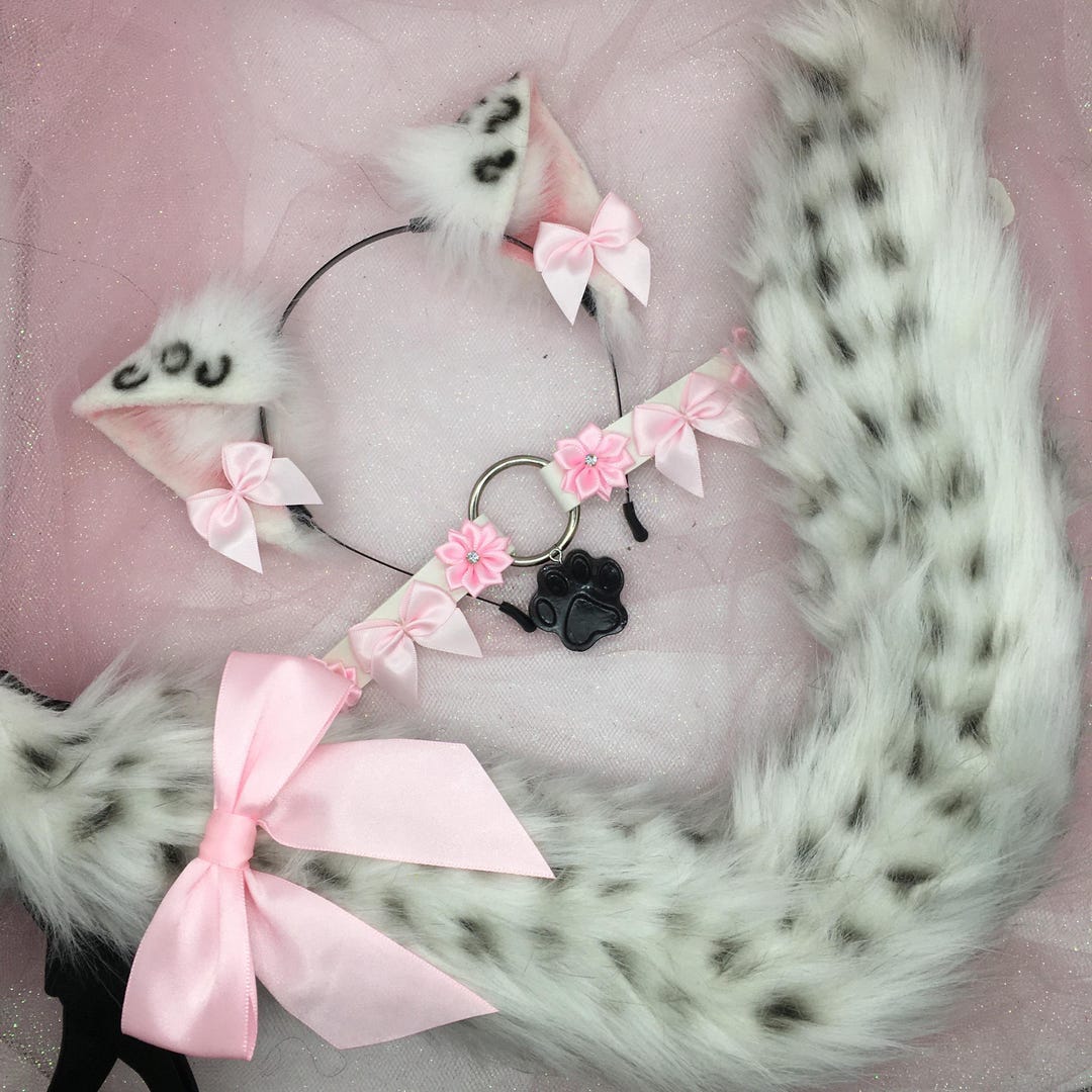 White / Black Pink Leopard Cosplay Kitten Cat Headband Ears Tail Choker ...