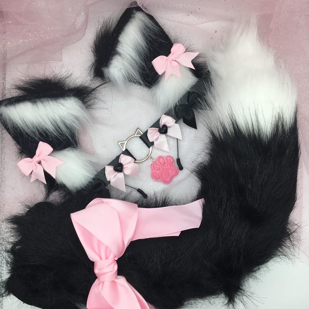 Black / Pink Cosplay Kitten Cat Headband Ears Tail Choker Collar Paw ...