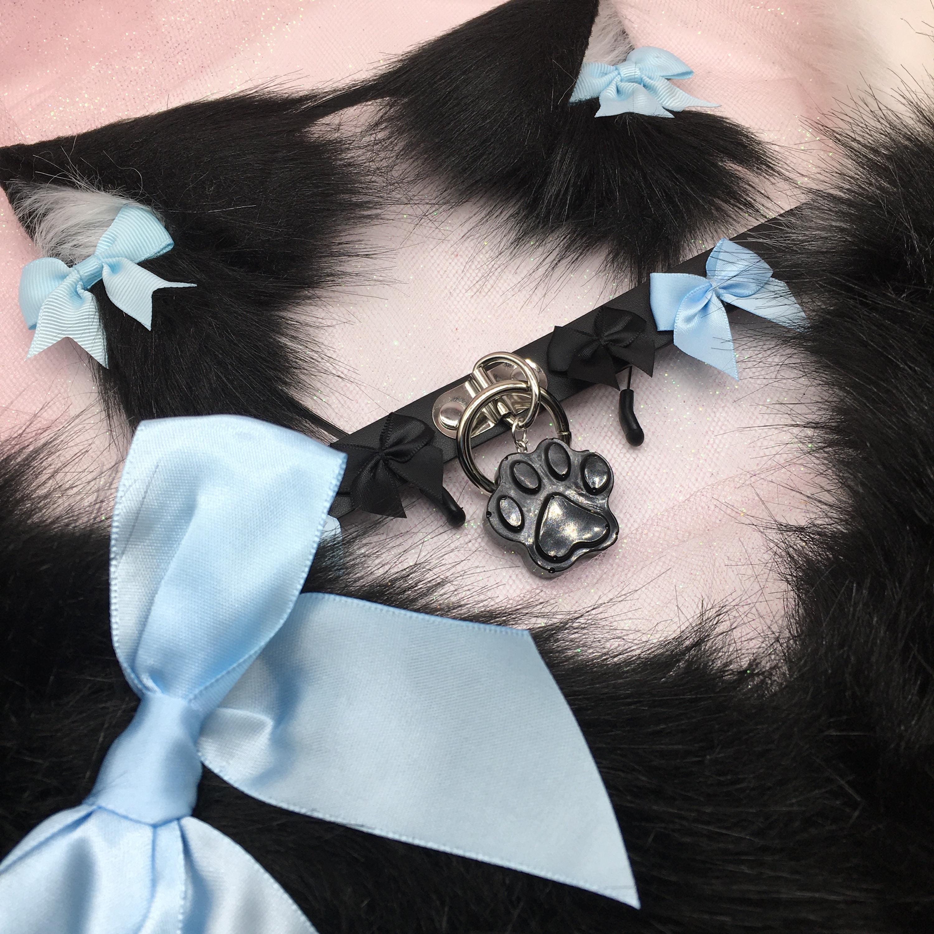 Black / Blue Witch Cosplay Kitten Cat Headband Ears Tail Choker Collar ...