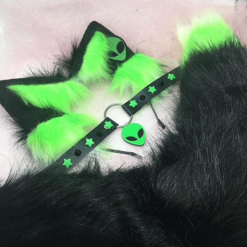 Black / Green Alien 1 Cosplay Kitten Cat Headband Ears Tail Choker ...
