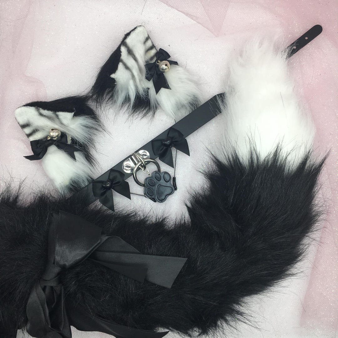 Black / White Cosplay Kitten Cat Headband Ears Tail Choker Collar Paw ...
