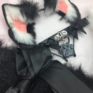 Black / White Cosplay Kitten Cat Headband Ears Tail Choker Collar Paw ...