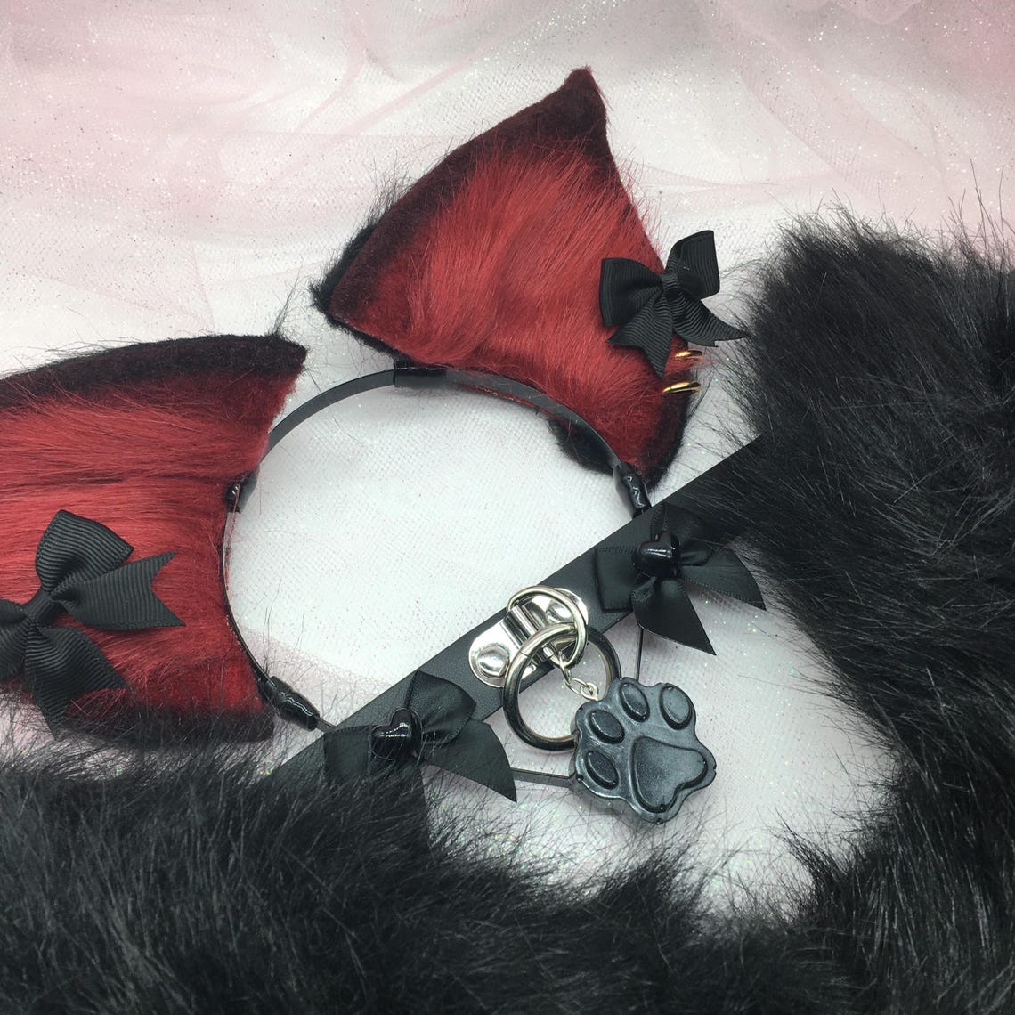 Black / Burgundy Red Cosplay Kitten Cat Headband Ears Tail Choker ...