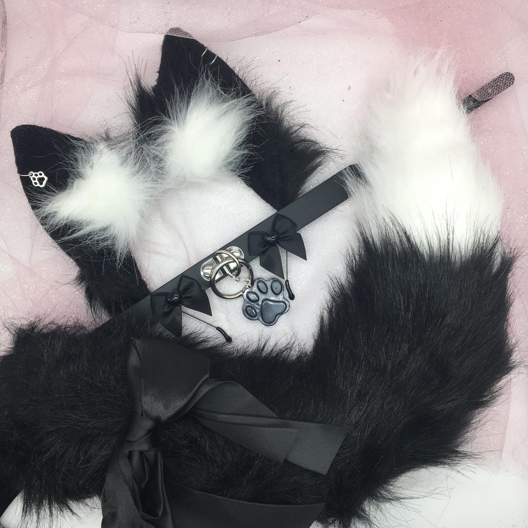 Black / White Cosplay Kitten Cat Headband Ears Tail Choker Collar Paw ...