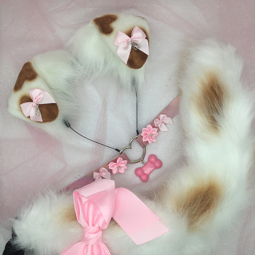 Brown / White Cosplay Puppy Dog Headband Ears Tail Choker Collar Paw ...
