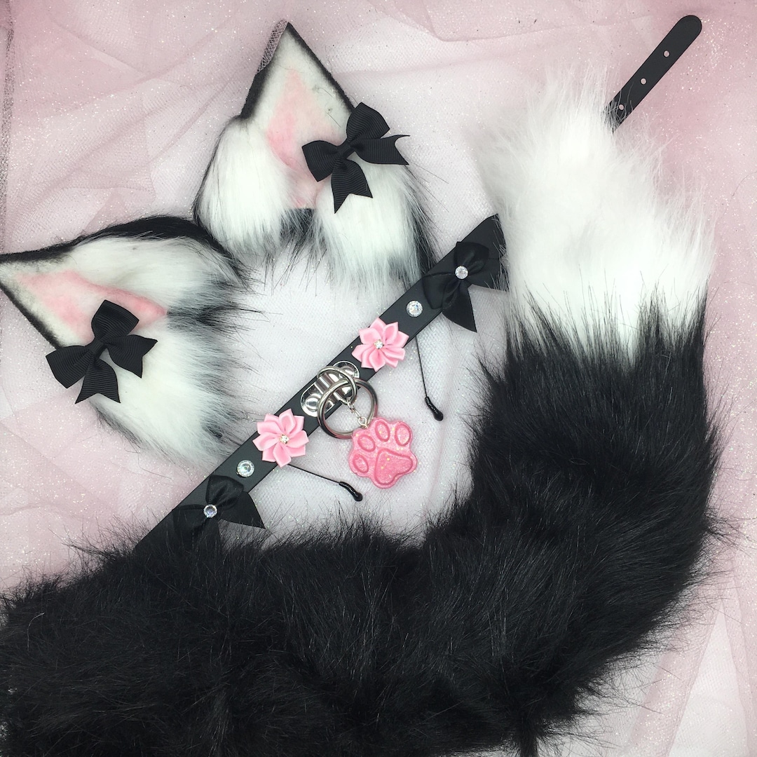 Black / Pink Cosplay Kitten Cat Headband Ears Tail Choker Collar Paw ...