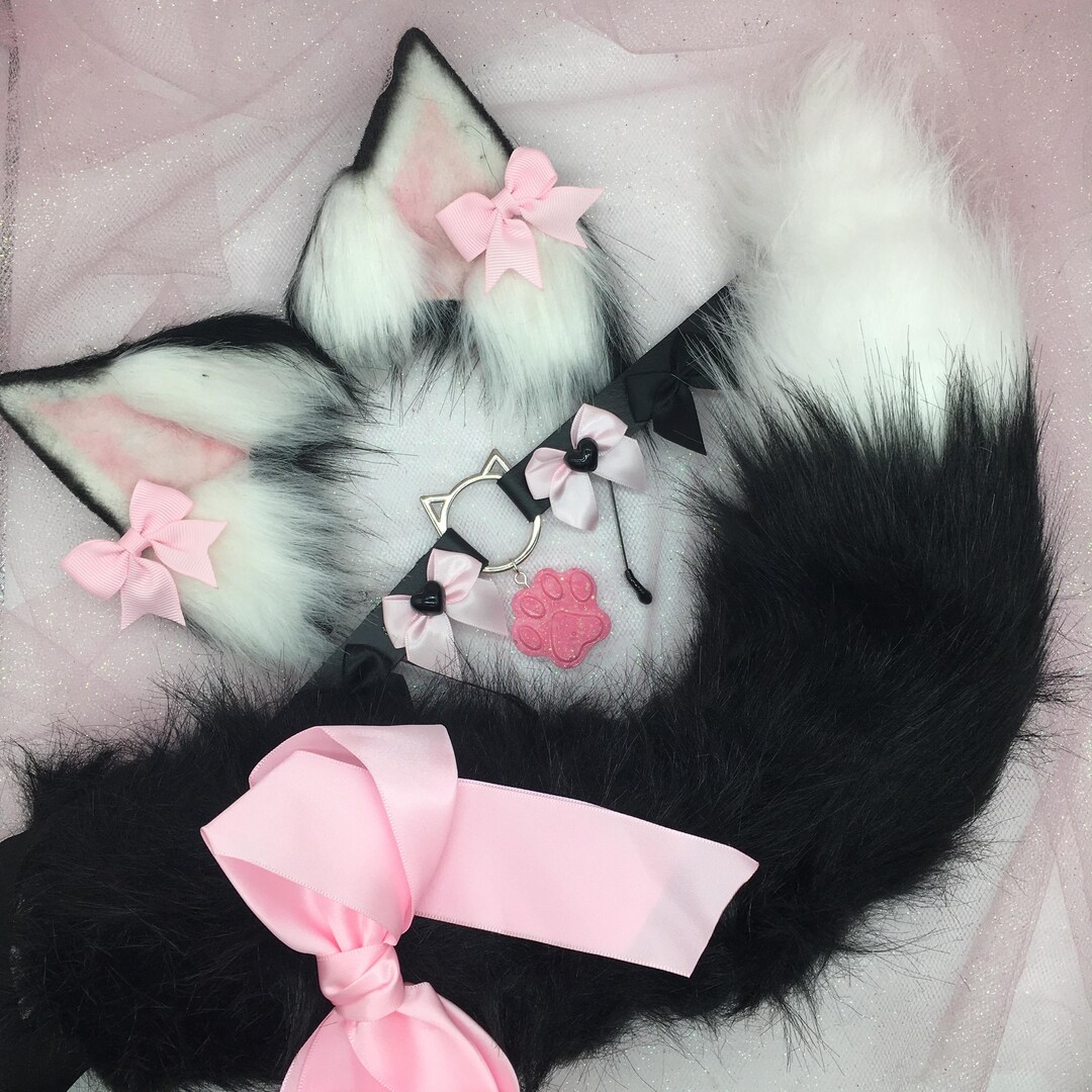 Black / Pink Cosplay Kitten Cat Headband Ears Tail Choker Collar Paw ...