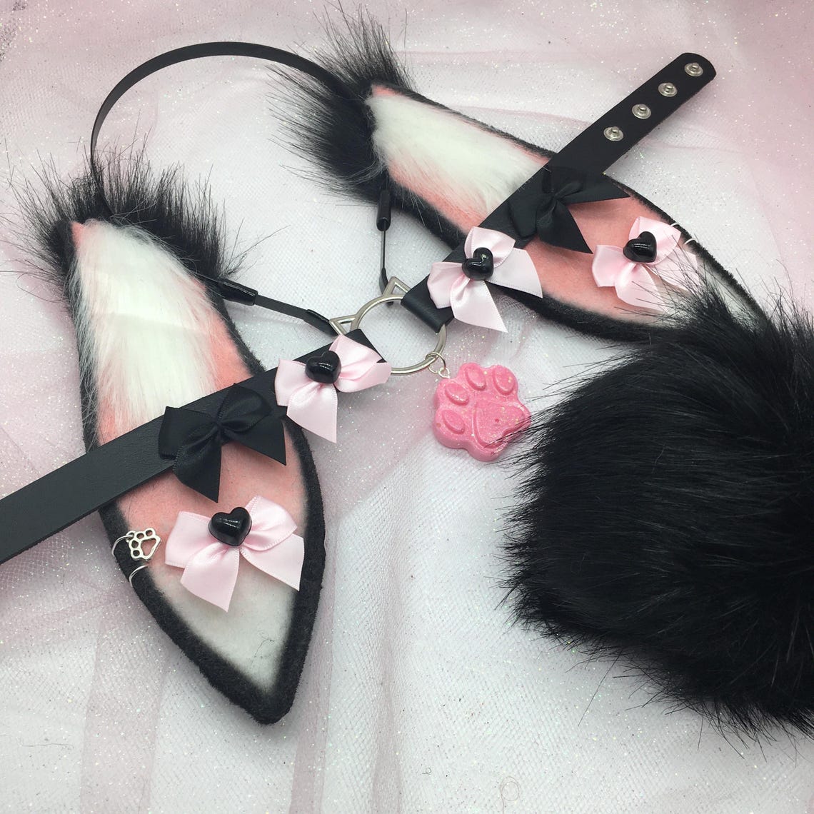 Black / Pink Cosplay Bunny Rabbit Headband Ears Tail Choker Collar Paw ...