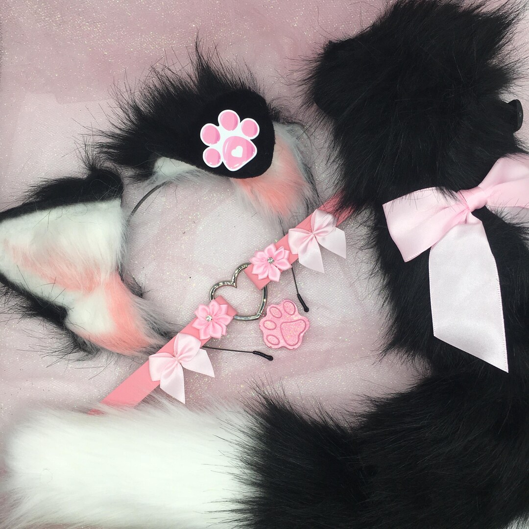 Black / White Paw Cosplay Kitten Cat Headband Ears Tail Choker Collar ...