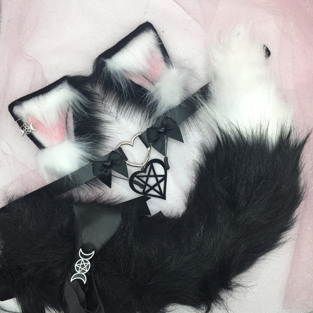 Black / White Cosplay Kitten Cat Headband Ears Tail Choker Collar Paw ...