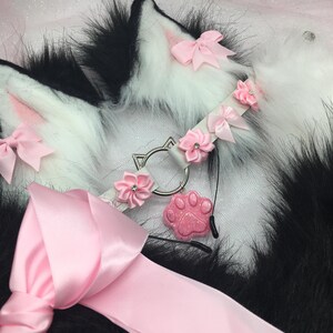 Black / Pink Cosplay Kitten Cat Headband Ears Tail Choker Collar Paw ...