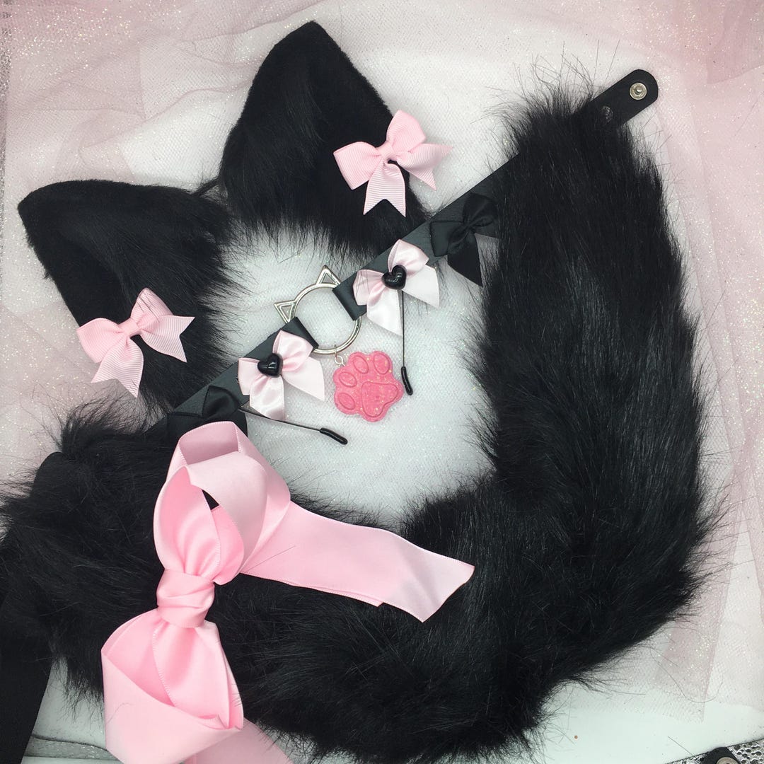 Black / Pink Cosplay Kitten Cat Headband Ears Tail Choker Collar Paw ...