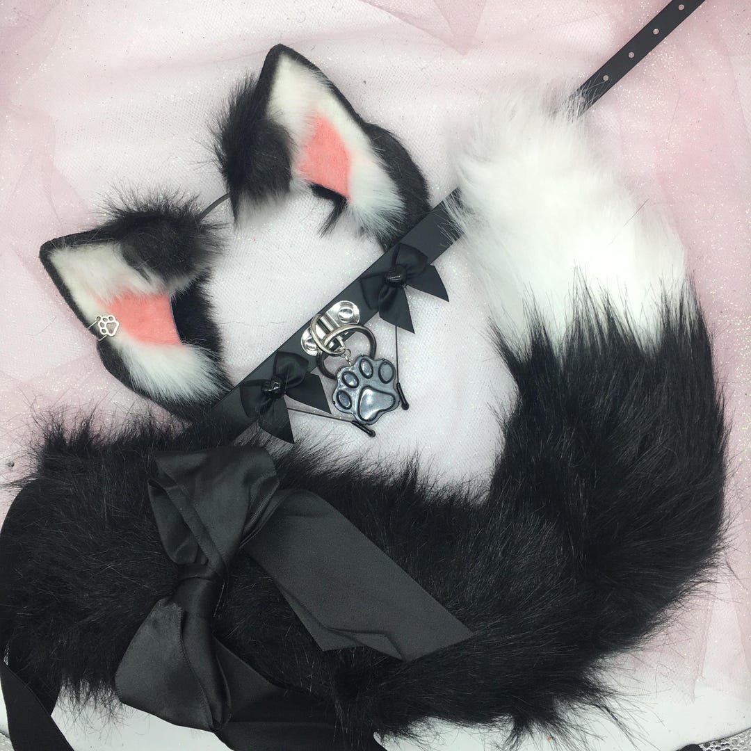 Black / White Cosplay Kitten Cat Headband Ears Tail Choker Collar Paw ...