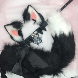 Black / White Cosplay Kitten Cat Headband Ears Tail Choker Collar Paw ...