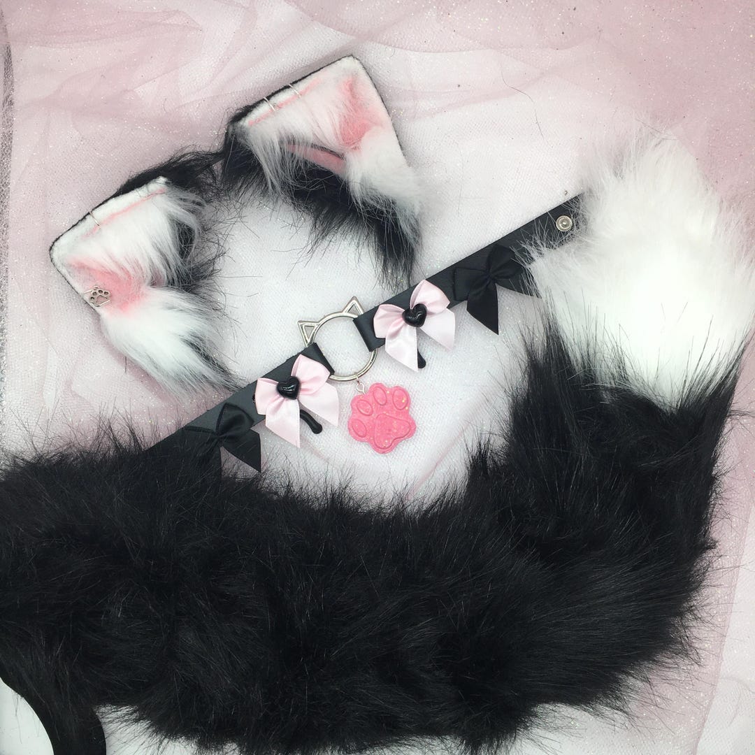 Black / Pink Cosplay Kitten Cat Headband Ears Tail Choker Collar Paw ...