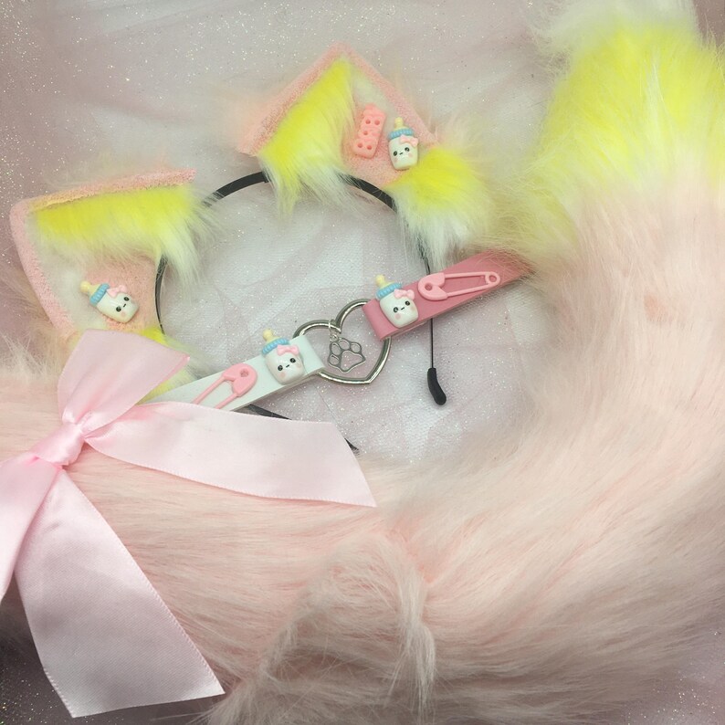 Pink / Yellow Baby Cosplay Kitten Cat Headband Ears Tail Choker Collar ...