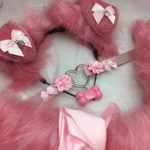 Pink Cosplay Puppy Dog Headband Ears Tail Choker Collar Paw Costume ...