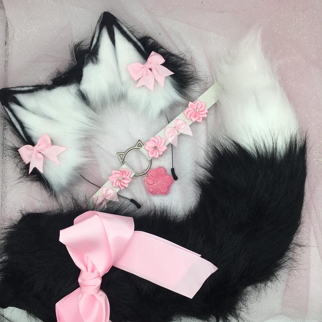 Black / Pink Cosplay Kitten Cat Headband Ears Tail Choker Collar Paw ...