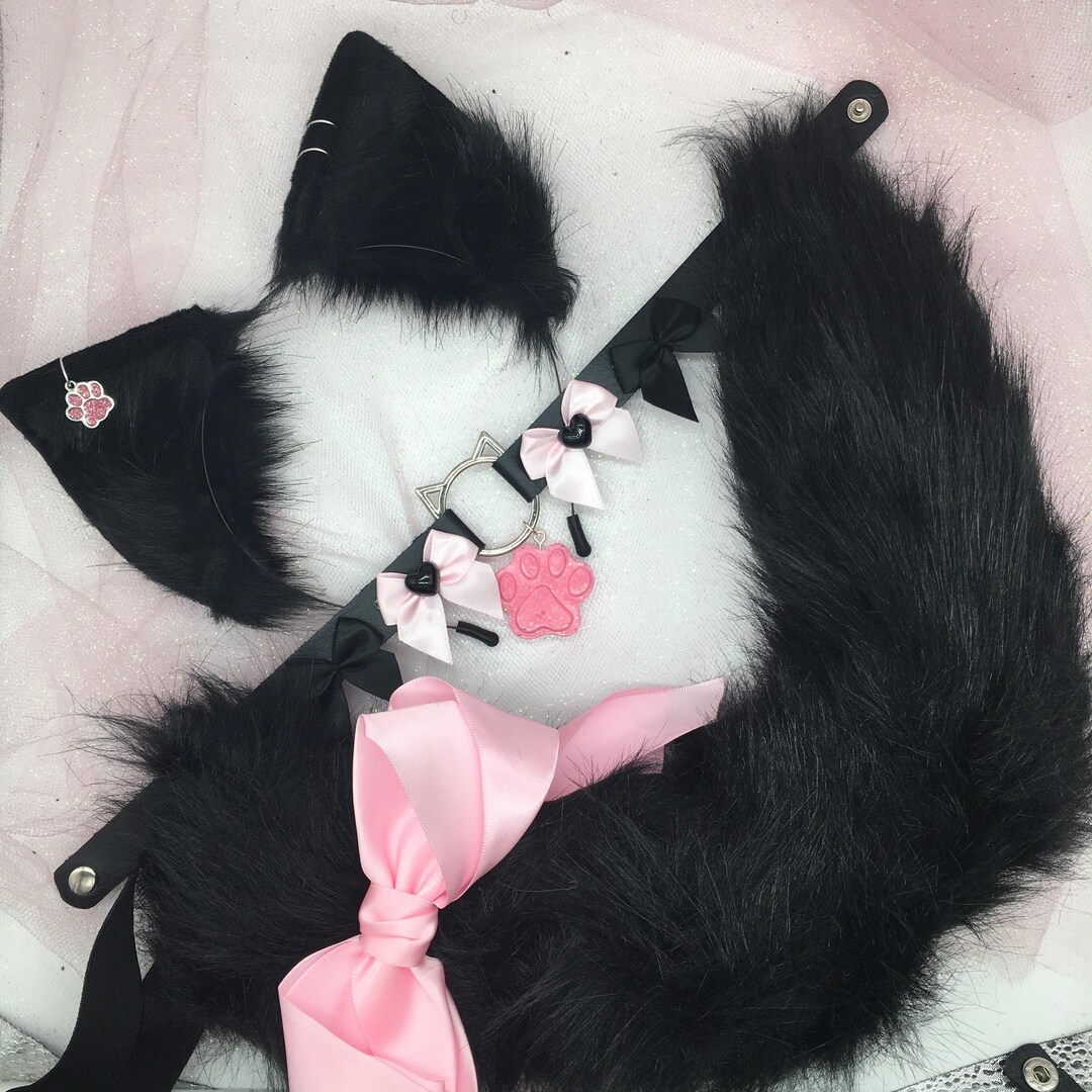 Black / Pink Cosplay Kitten Cat Headband Ears Tail Choker Collar Paw ...