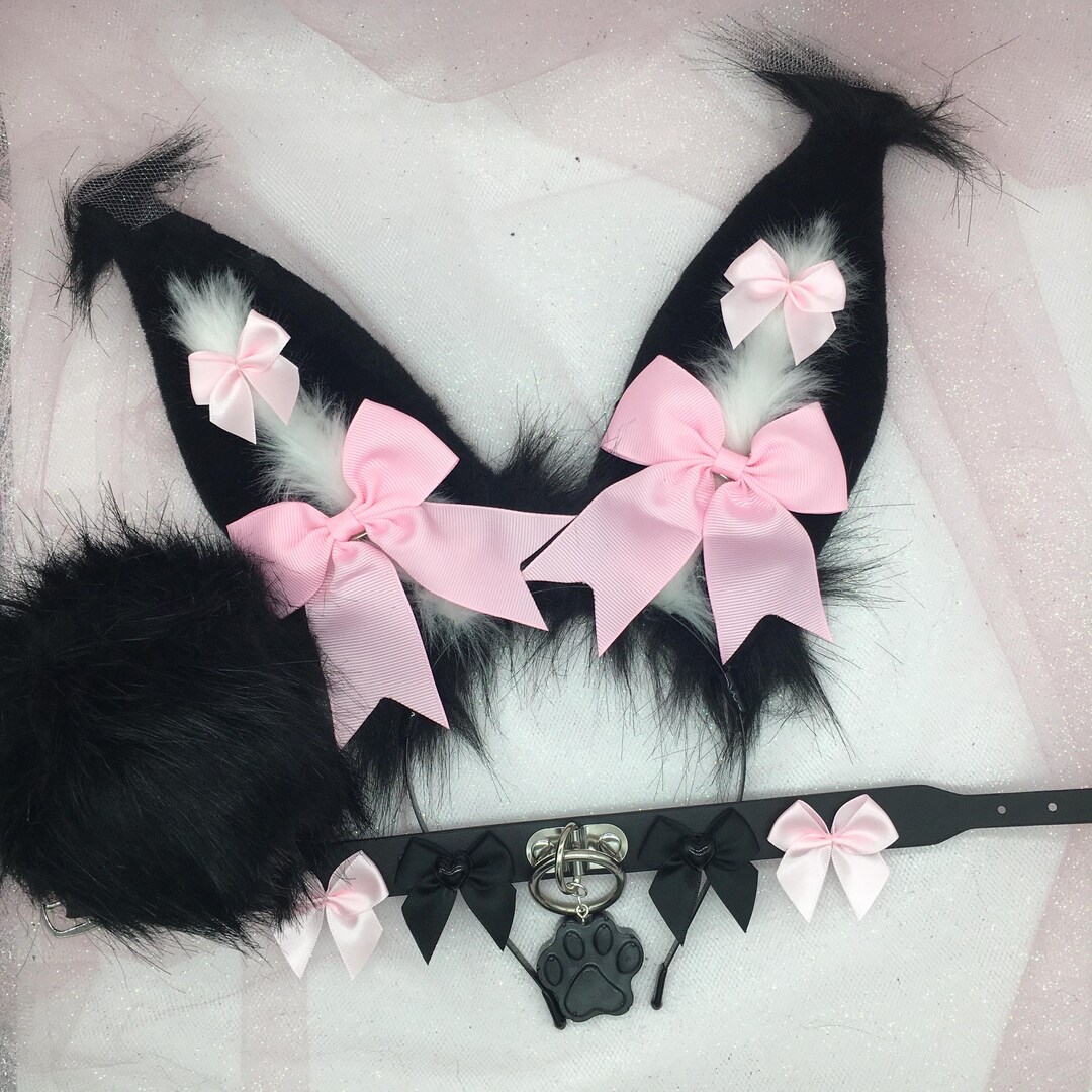 Black / Pink Cosplay Bunny Rabbit Headband Ears Tail Choker Collar Paw ...