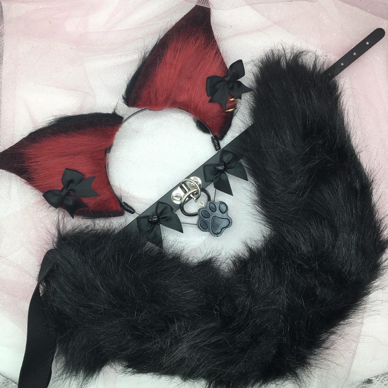 Black / Burgundy Red Cosplay Kitten Cat Headband Ears Tail Choker ...
