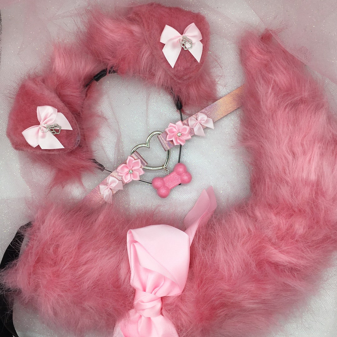 Pink Cosplay Puppy Dog Headband Ears Tail Choker Collar Paw Costume ...