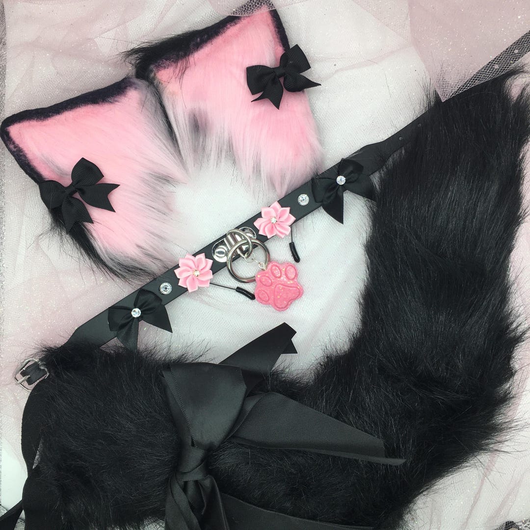 Black / Pink Cosplay Kitten Cat Headband Ears Tail Choker Collar Paw ...