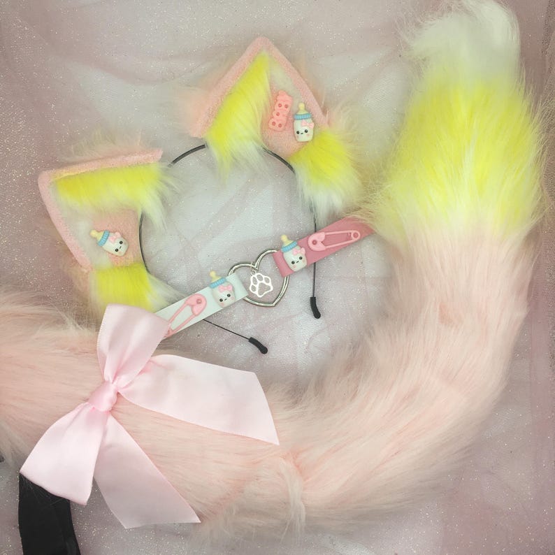 Pink / Yellow Baby Cosplay Kitten Cat Headband Ears Tail Choker Collar ...