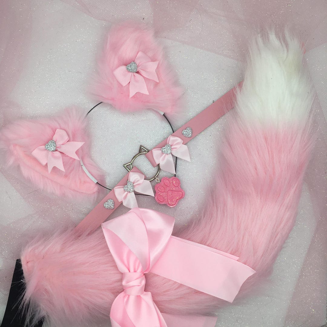 Pink Cosplay Kitten Cat Headband Ears Tail Choker Collar Paw Costume ...