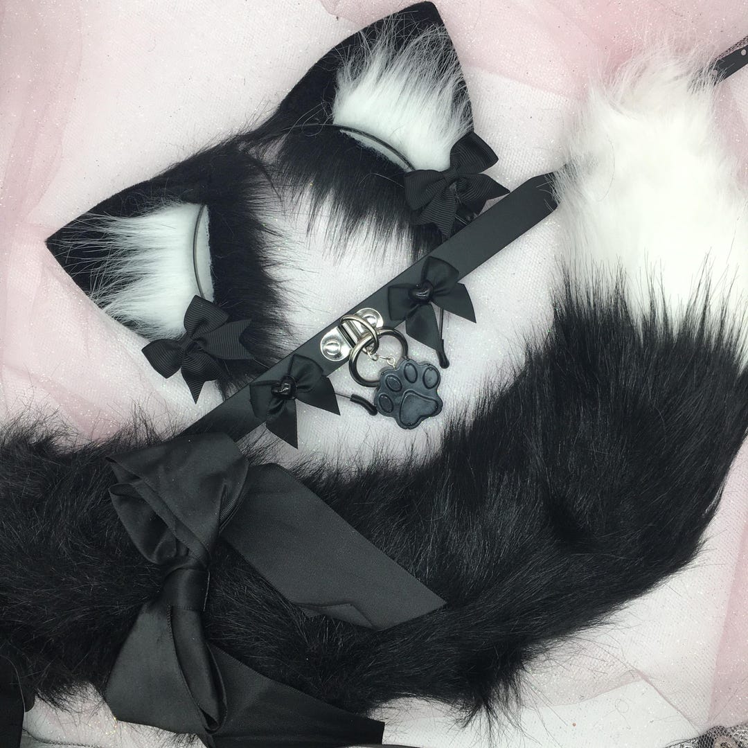 Black / White Cosplay Kitten Cat Headband Ears Tail Choker Collar Paw ...